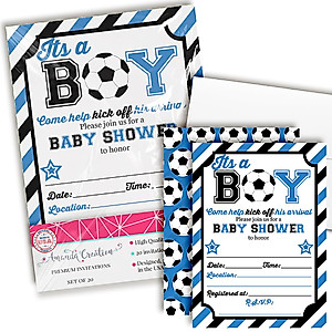 Blue & Black Kick Off His Arrival Soccer Themed Baby Sprinkle Baby Shower Invitations for Boys, 20 5x7 Fill In Cards with Twenty White Envelopes by AmandaCreation