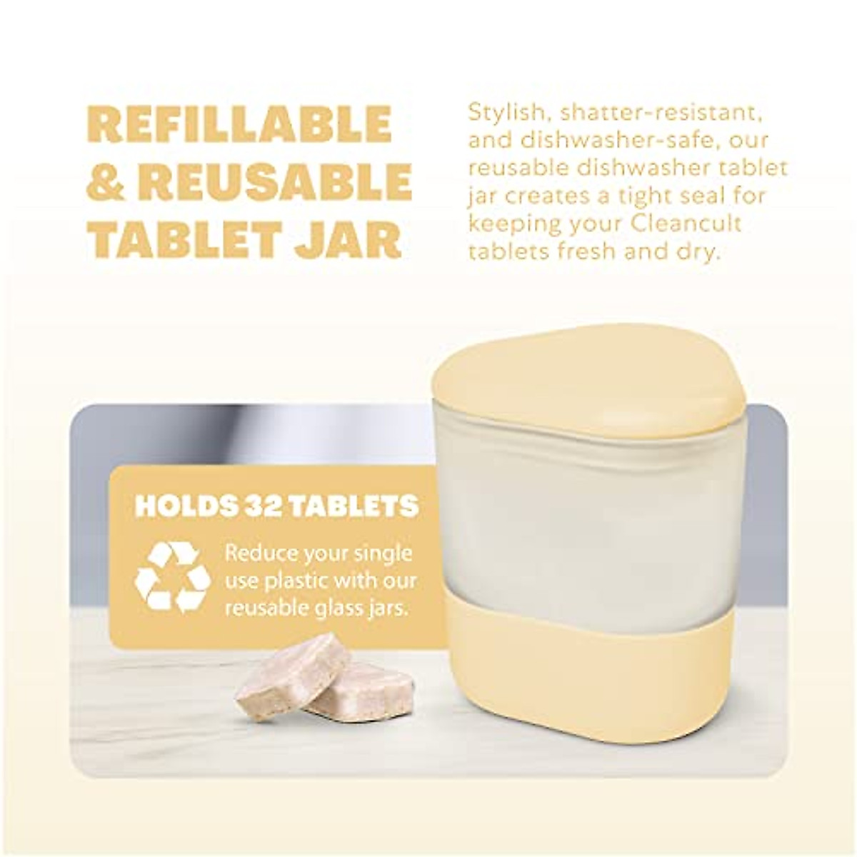 Cleancult Glass Refillable Dishwasher Pod Holder, Empty, Holds Approx 32 Dishwasher Tablets, Reusable Cleaning & Cosmetic Storage