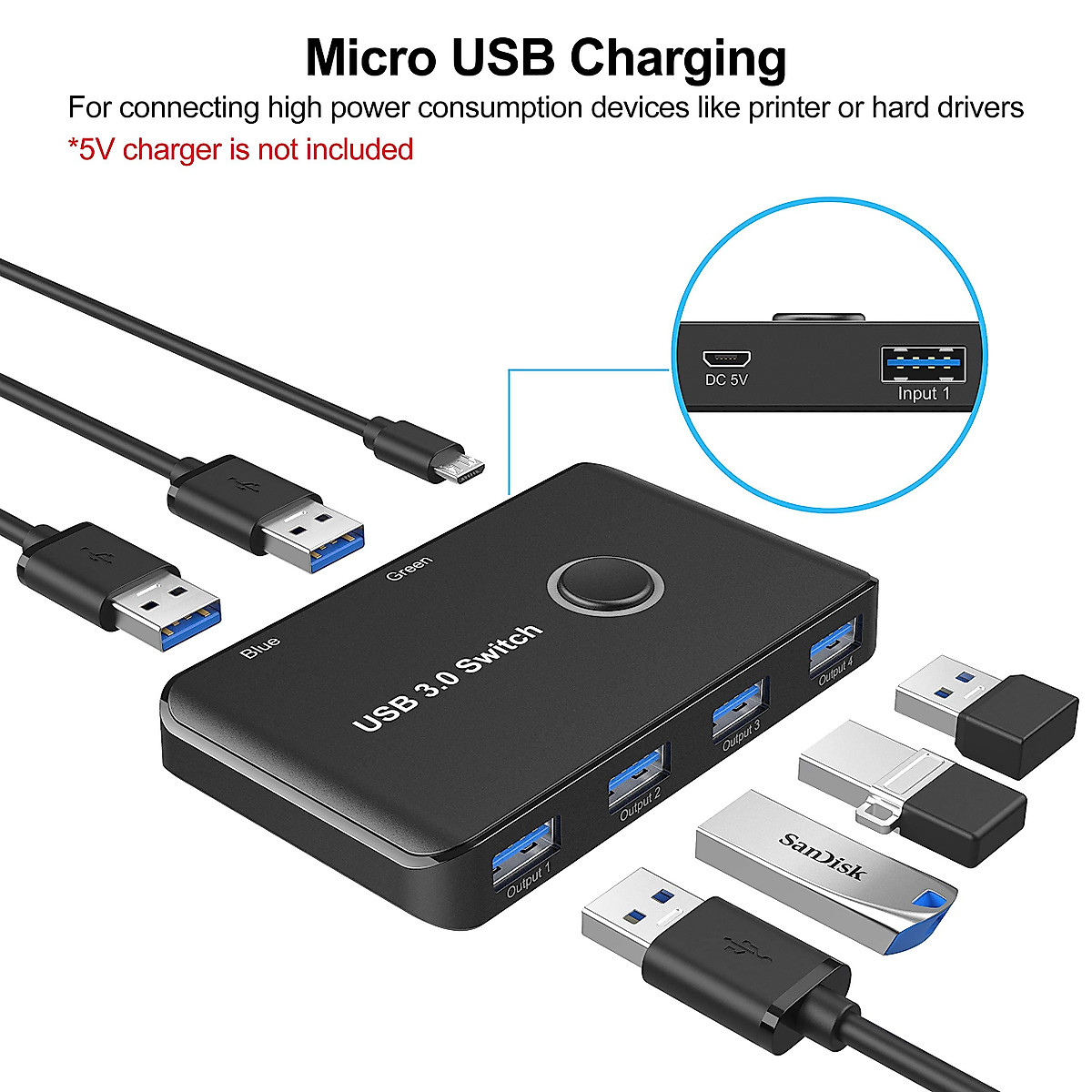 USB 3.0 Switch, ABLEWE USB Switcher 2 Computers Sharing 4 USB Devices KVM Switcher Box for PC, Printer, Scanner, Mouse, Keyboard with 2 Pack USB Cable(Compatible with Mac/Windows/Linux)