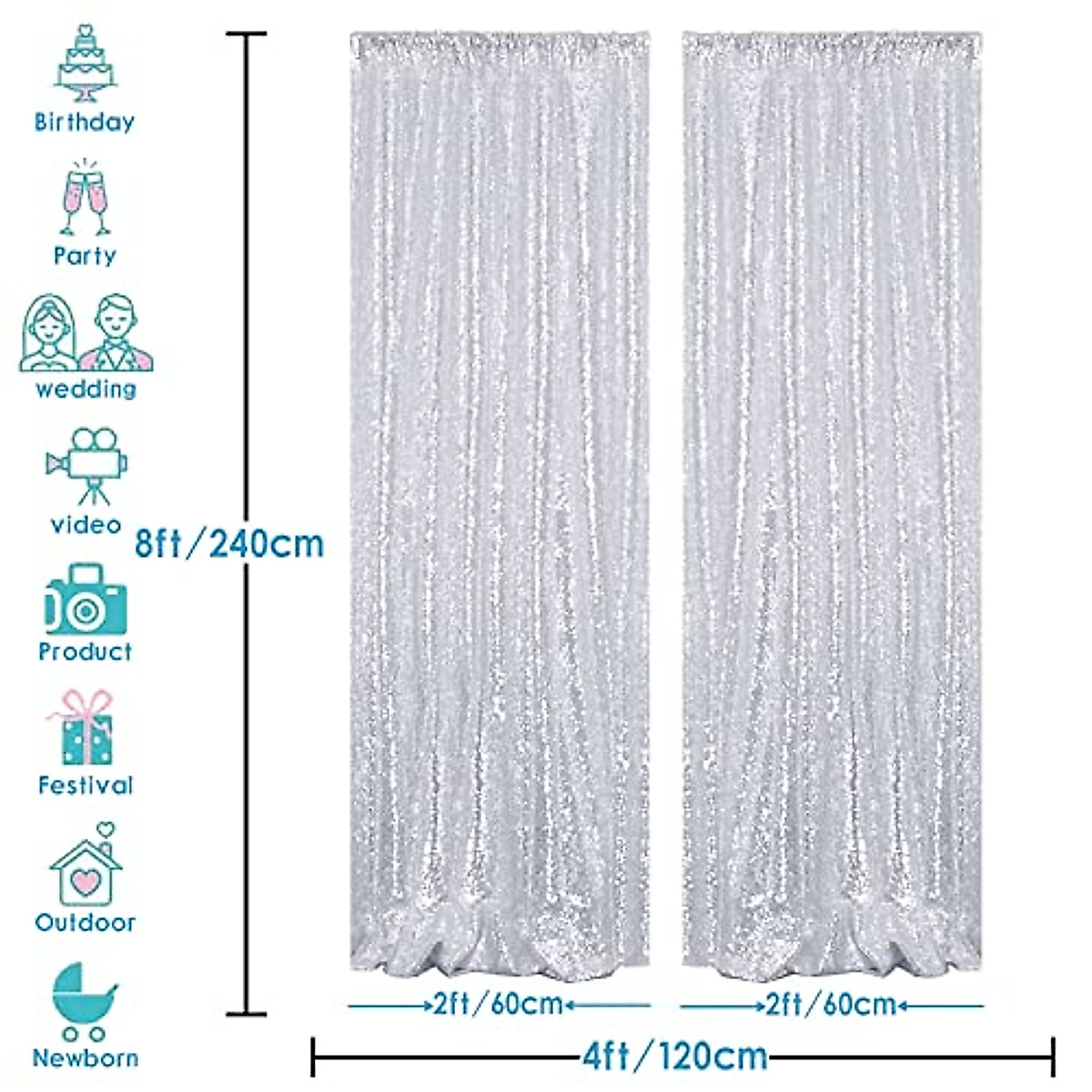 Trlyc Glitter Sequin Backdrop Curtains for Wedding Party Decor (2 Panels, W2 x H8FT,Sliver)