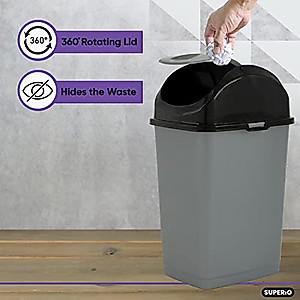 Superio Kitchen Trash Can with Swing Top Lid 9 Gallon, (2 Pack) Slim Waste Bin 37 Qt Durable Plastic, Fit Small Spaces, Office, Bathroom, Under Counter (Grey/Black)
