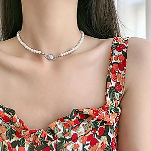 FENLDY Silver Faux Planet Saturn Pearl Necklace for Women Jewelry, Fake Pearl Collar Rhinestone Pendant a Y Necklace Men with Charm for Jewelry Ladies' Wedding Pearl Bead Chain Crystal Choker
