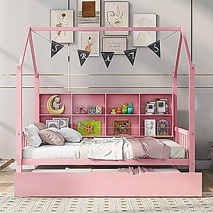 Full Size House Beds with Trundle and Storage Shelves,Wood Playhouse Tent Bed Frame, Montessori Style House Beds for Kids Girls Boys, Pink