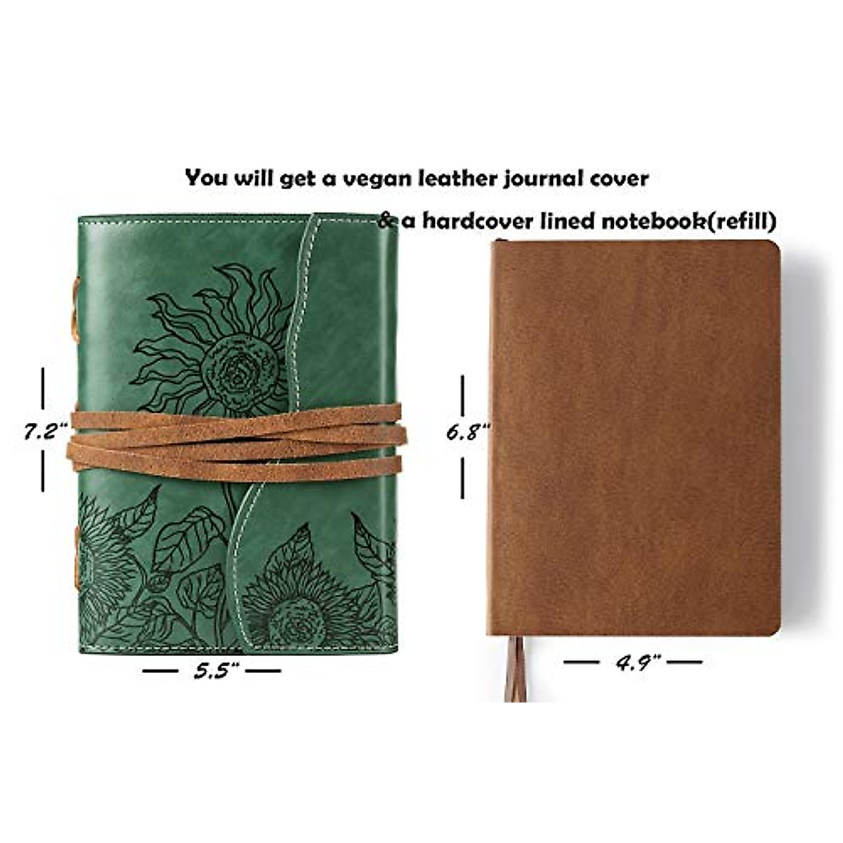 VALERY Wrting Journal for Women and Men | 185 Lined Fountain Pen Friendly Paper | Refillable B6 Vegan Leather Bound Travel Notebook | Daily Use Gifts for Vegatarians Teachers (Forest Green)