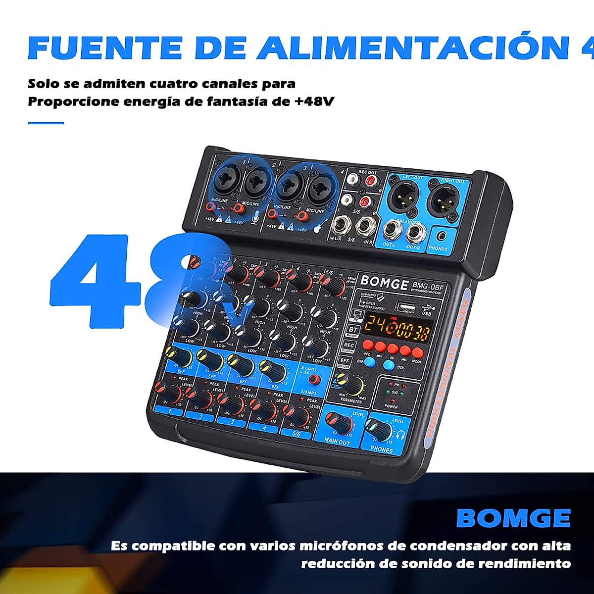 BOMGE 6 Channel mini DJ Audio sound mixer console with USB interface, Bluetooth, Stereo Recording, 48V Phantom Power, 24 DSP effects for karaoke, singing, live，streaming，pc recroding. (white)