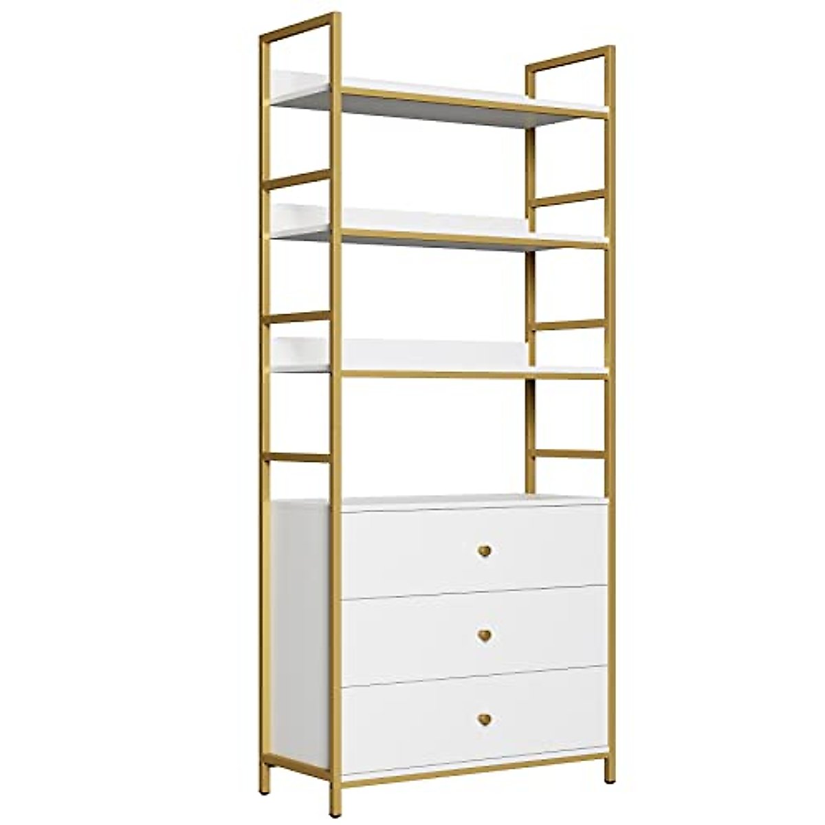finetones Bookshelf with 3 Drawers, 71.2” Tall White and Gold Bookshelf with Open Shelves & Drawer to Display Flower for Home, Thickened Metal Frames
