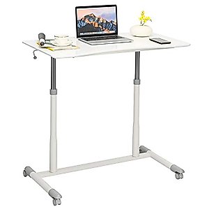 Tangkula Mobile Computer Desk with Steel Frame, Small Height Adjustable Rolling Compact Stand Up Desk on Wheels, MDF PVC Tabletop, Ideal for Home Office, White