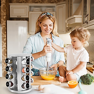 Rotating Spice Rack with 16 Jars, Revolving Spice Rack Organizer for Cabinet, Seasoning Organizer Stainless Steel Kitchen Spice Tower with Labels for Countertop