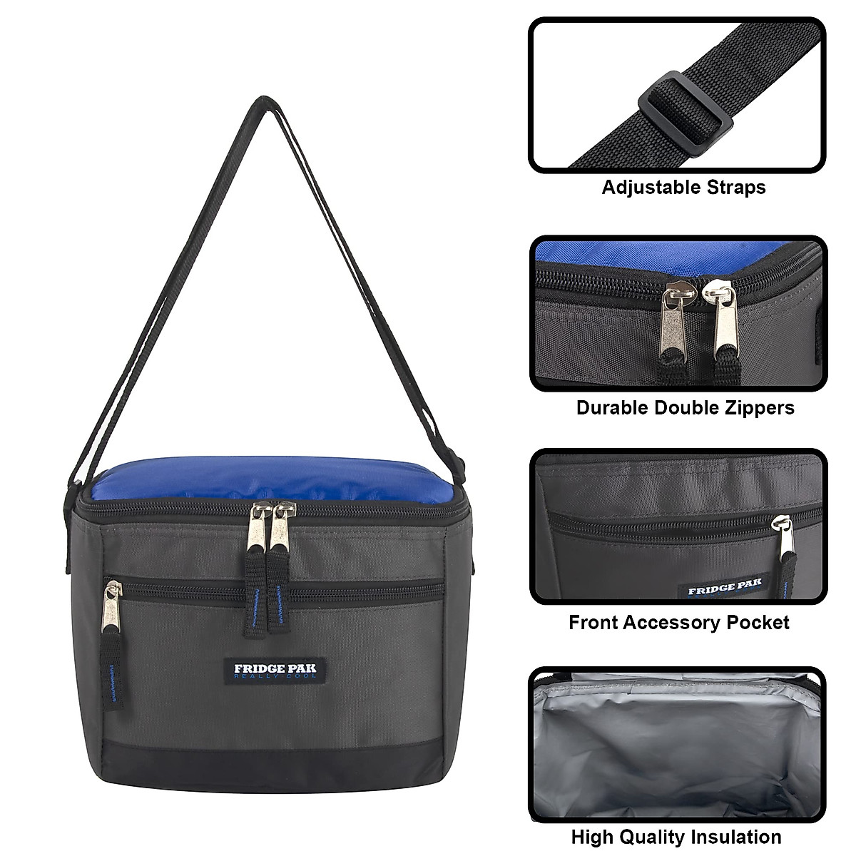 Fridge Pak 6 Can Cooler Bags Insulated Soft Cooler Lunch Bag for Men, Waterproof Leak Proof Cooler Bags, Blue on Grey