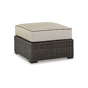 Signature Design by Ashley Coastline Bay Outdoor Patio All-Weather Resin Wicker Ottoman with Cushion, Beige & Dark Brown