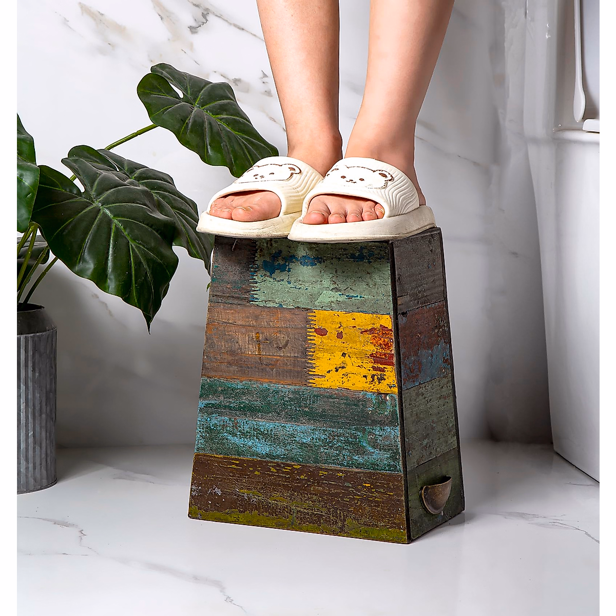 TIMRIS Small Wood Trash Can Wastebasket, Farmhouse Rectangular Garbage Can Waste Basket, Rustic Distressed Boho Wooden Trash Recycling Bin with Metal Handles, Reclaimed Wood Storage Basket (Random)