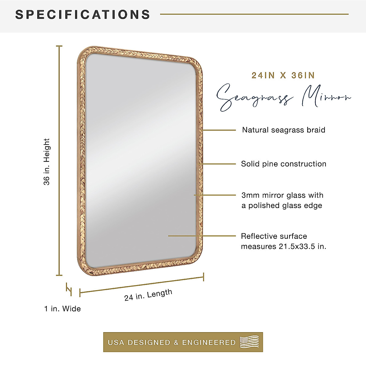 MCS 24x36 Large Wall Mirror, Natural Woodgrain Solid Wood Frame with Braided Seagrass Detail, Vertical & Horizontal Coastal Mirror for Bathroom, Bedroom & Livingroom