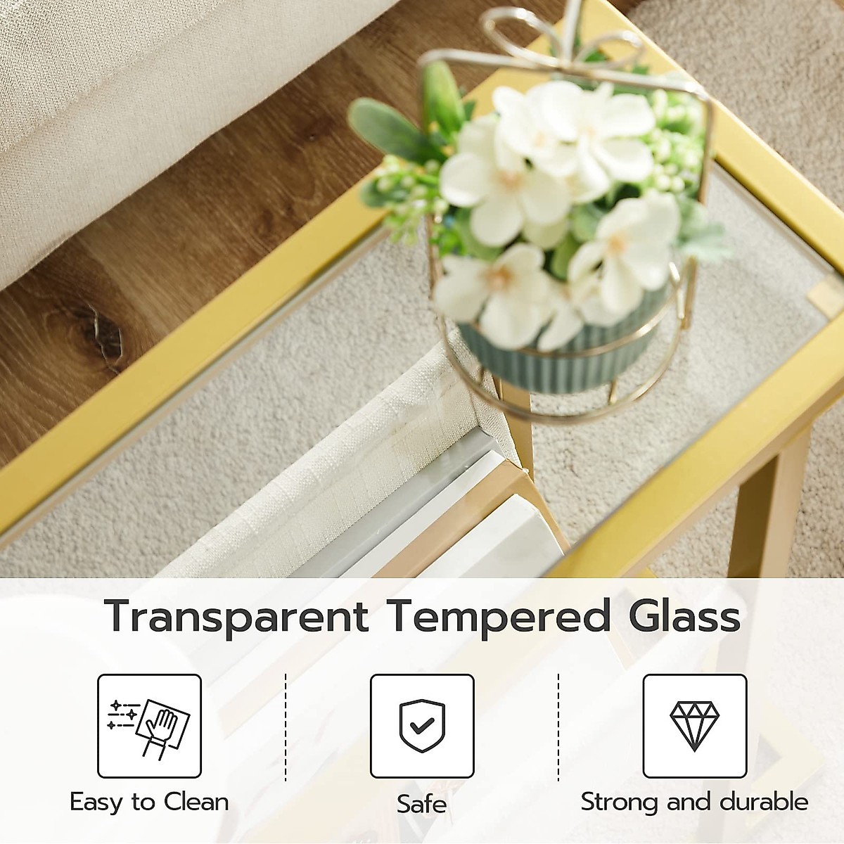 HOOBRO Narrow End Table, Tempered Glass Side Table, Small Nightstand, Bedside with Storage Holder, Coffee Table for Small Spaces, Bedroom, Living Room, Easy Assembly, Sturdy, Gold GD78BZ01