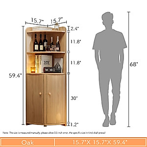 IOTXY Curved Corner Storage Cabinet - Wooden Corner Bookshelf with Door, Free Standing Organizer Display Shelf for Nook, 58.9" Tall, Oak