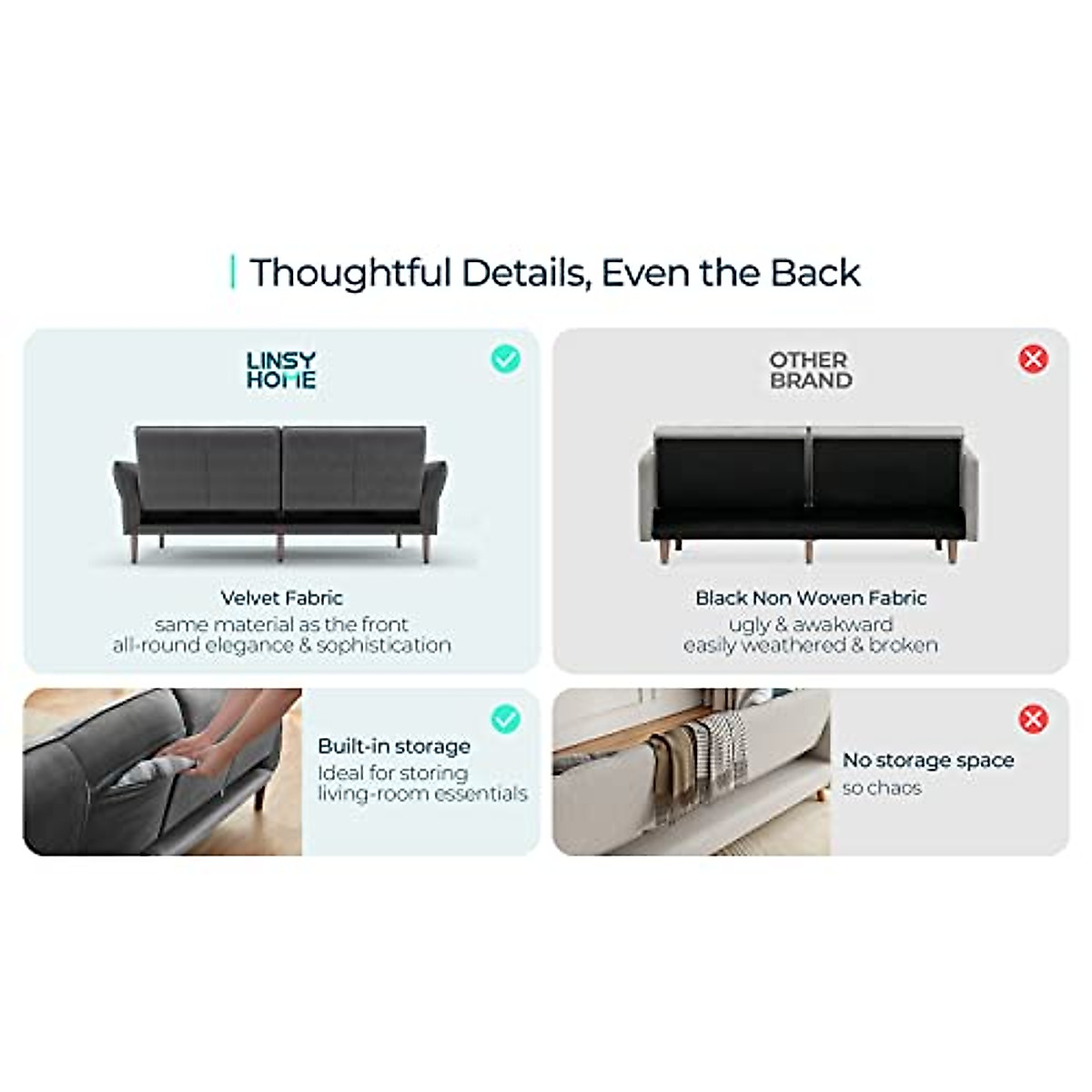 LINSY HOME Futon Sofa Bed, Velvet Sleeper Sofa with Mattress and Frame, Memory Foam Futon Couch for Small Spaces, Living Room, Dark Grey