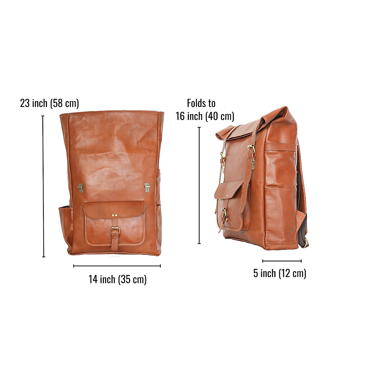 jaald 23" Brown Leather Backpack Vintage Rucksack Laptop Bag Water Resistant Roll Top College Bookbag Comfortable Lightweight Travel Hiking/picnic For Men