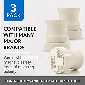 (3 Pack) Magnetic Safety Lock Key for Childproof Cabinet Locks - Includes 3 Adhesive Magnetic Key Holders White