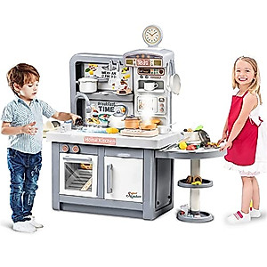 Large Pretend Play Kitchen Toys with Sink, Role Play Kitchen Playset, Pot and Pan, Cooking Stove with Spray Realistic Light and Sound, Cutting Food, Kitchen Accessories Set for Kids Toddlers