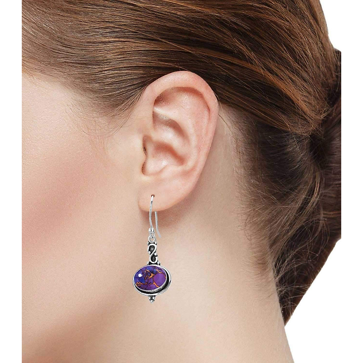 JEWELOPORIUM 925 Silver Earring for Women Silver Earring Copper Purple Turquoise Stone Drop Dangle Solitaire Mothers' Day Gift Costume Jewelry