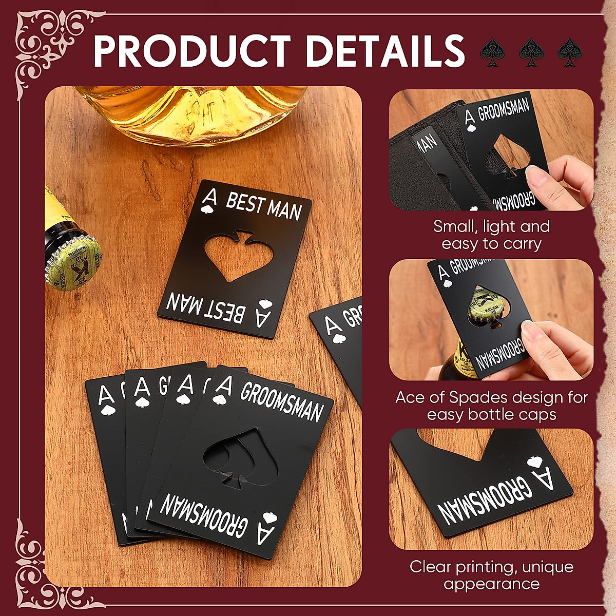6 Pcs Groomsmen Bottle Opener Groomsmen Stainless Steel Credit Card Size Beer Bottle Opener Cap Black Casino Poker Card Ace Card Groomsmen Gifts for Wedding Birthday Party Bridal Shower Supplies