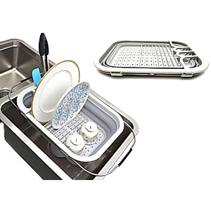 SAMMART Expandable & Collapsible Dish Drainer - Foldable Drying Rack Set - Portable Dinnerware Organizer - Space Saving Kitchen Storage Tray (1, Grey)