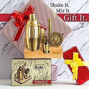 Gold Mixology Bartender Kit Cocktail Shaker Set by Barillio: Drink Mixer Set with Bar Tools, Bamboo Stand Cocktail Mixer Liquor Pourers Mojito Muddler Mixing Spoon Jigger Recipes Booklet