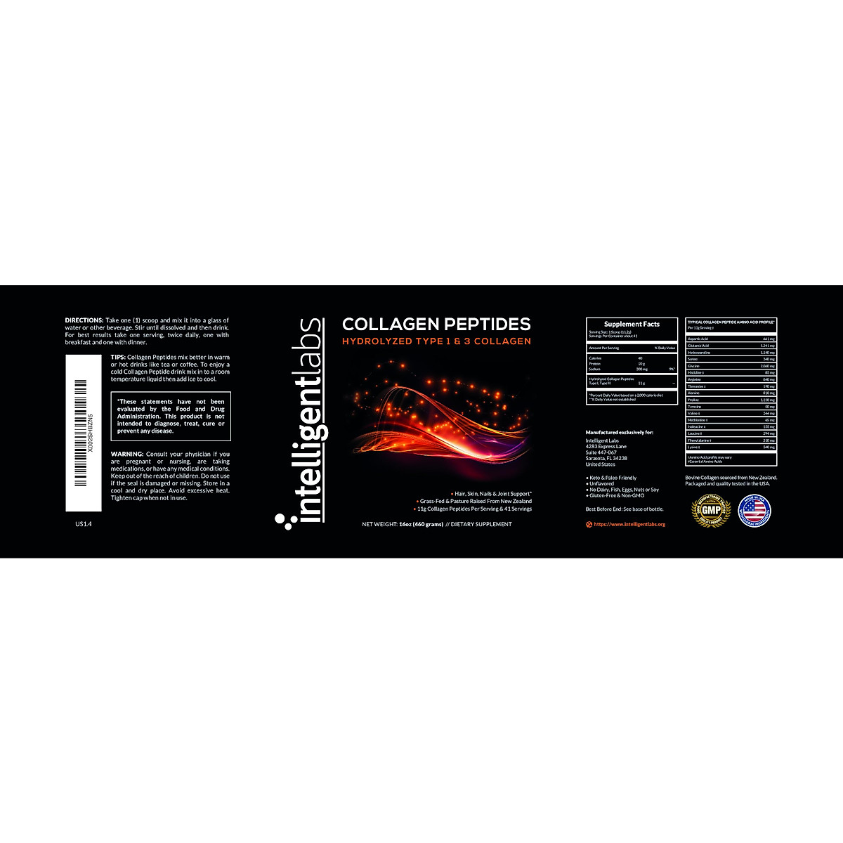 Intelligent Labs Hydrolyzed Type 1 and 3 Collagen Peptides Powder, 100% Cruelty-Free and Grass-Fed Bovine, Supports Healthy Hair, Skin, Nails & Joints, 11g per Serving, 41 Servings a Bottle