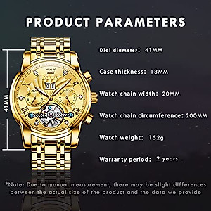 OLEVS Mens Automatic Mechanical Watch Gold Stainless Steel Skeleton Tourbillon Self Winding Luxury Business Dress Date Diamond Wrist Watches Waterproof Luminous