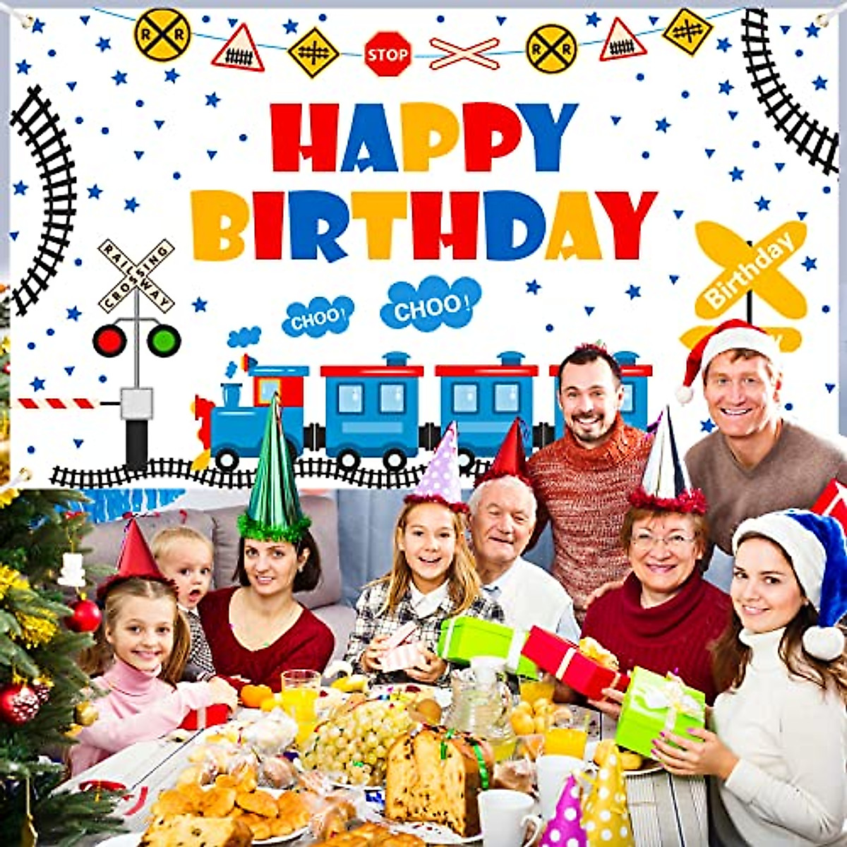 Train Theme Happy Birthday Banner Backdrop Train Party Decorations for Boy Girl Kid Train Birthday Party Supplies Railroad Train Crossing Themed Party Backdrop Background Decorations 71 x 44 Inch