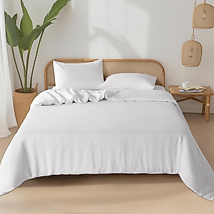 LBR02M 100% Linen Duvet Cover Set King Size, Bed Sheets 3 Piece Sets, Solid Color Natural Flax Soft Breathable King Duvet Cover, All Season (White)