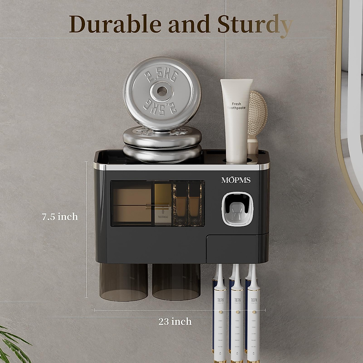 MOPMS Toothbrush Holders, Wall Mounted Toothbrush for Bathroom, Automatic Toothpaste Dispenser Squeezer with Magnetic Cups, Tooth Brushing Holder Drawer Storage Organizer Space Saver-2 Cups Black