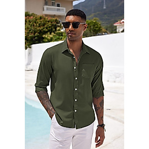 COOFANDY Men's Linen Shirt Textured Designer Western Work Regular Fit Shirt Army Green