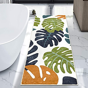 Lukinbox Leaf Bathroom Runner Rugs, 2x5 Cute Long Non-slip Washable Bath Mats for Bathroom, Blue Green Velvet Bathroom Mats Soft Plant Bath Rug for Hallway Kitchen Laundry Room Entryway Decor