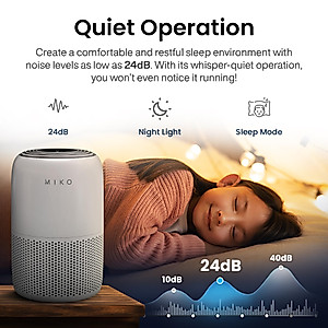 MIKO Air Purifier for Bedroom with 3-in-1 HEPA Filter & Sleep Mode, Whisper Quiet, Covers Up to 1200 ft, Smart Wi-Fi App Control - Removes Smoke, Allergens, Pets Hair, Dust, Odors, Pollutants