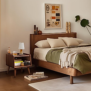 Vadisun Solid Wood Bedside Table, Mid Century Modern Nightstand with Open Storage - Medium Size for Bedroom (Walnut)