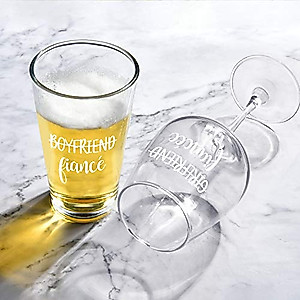 Boyfriend and Girlfriend Beer and Wine Glasses Set of 2 15Oz, Unique Fiance and Fiancee Gift Set - Perfect Engagement Gifts for Couples Fiance Fiancee Him Her Bride Groom Mr Mrs Him Hers