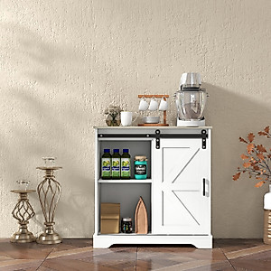 Panana Sliding Barn Door Buffet Sideboard Storage Cabinet Coffee Bar Kitchen Farmhouse Style (White Cabinet Nature Top)