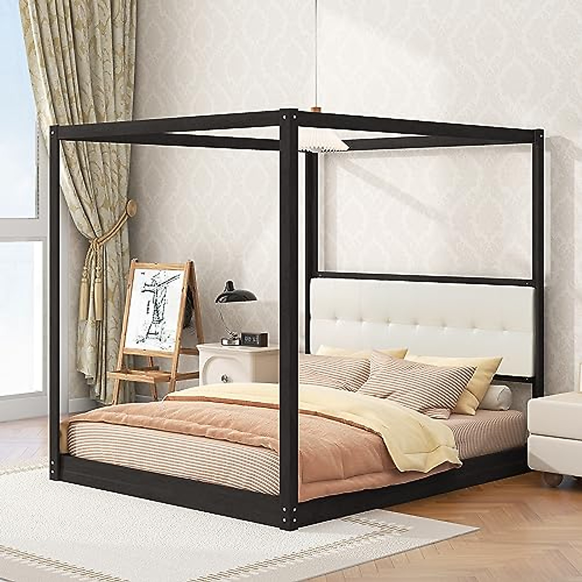 DOLPRNE Modern King Size Wooden Canopy Platform Bed with Upholstered Headboard,Multiple Choice for Kids Teen Adults Bedroom,Box Spring Not Required,Espresso