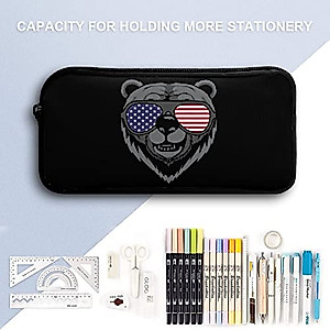 Bear US Flag Sunglasses Pencil Case Stationery Pen Pouch Portable Makeup Storage Bag Organizer Gift