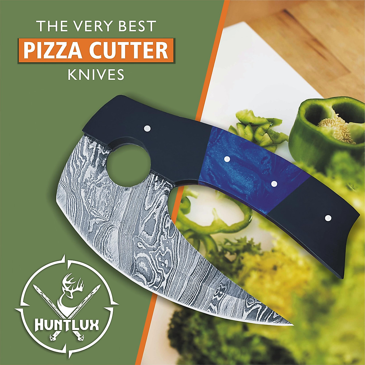 Damascus Steel Alaskan Ulu Knife With Sheath, 5.8" Perfect Pizza Cutter Rocker Knife, Mezzaluna Chopper Knife for Kitchen, Authentic Inuit Eskimo Design, Non-Slip Handle