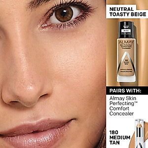 Almay Skin Perfecting Comfort Matte Foundation, Hypoallergenic, Cruelty Free, -Fragrance-Free, Dermatologist Tested Liquid Makeup, Neutral Toasty Beige, 1 Fluid Ounce
