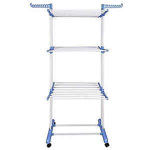 Aquaterior Folding 3 Tier Clothes Drying Rack Rolling Collapsible Garment Laundry Dryer Hanger Stand Rail with Two Side Wings Indoor Blue