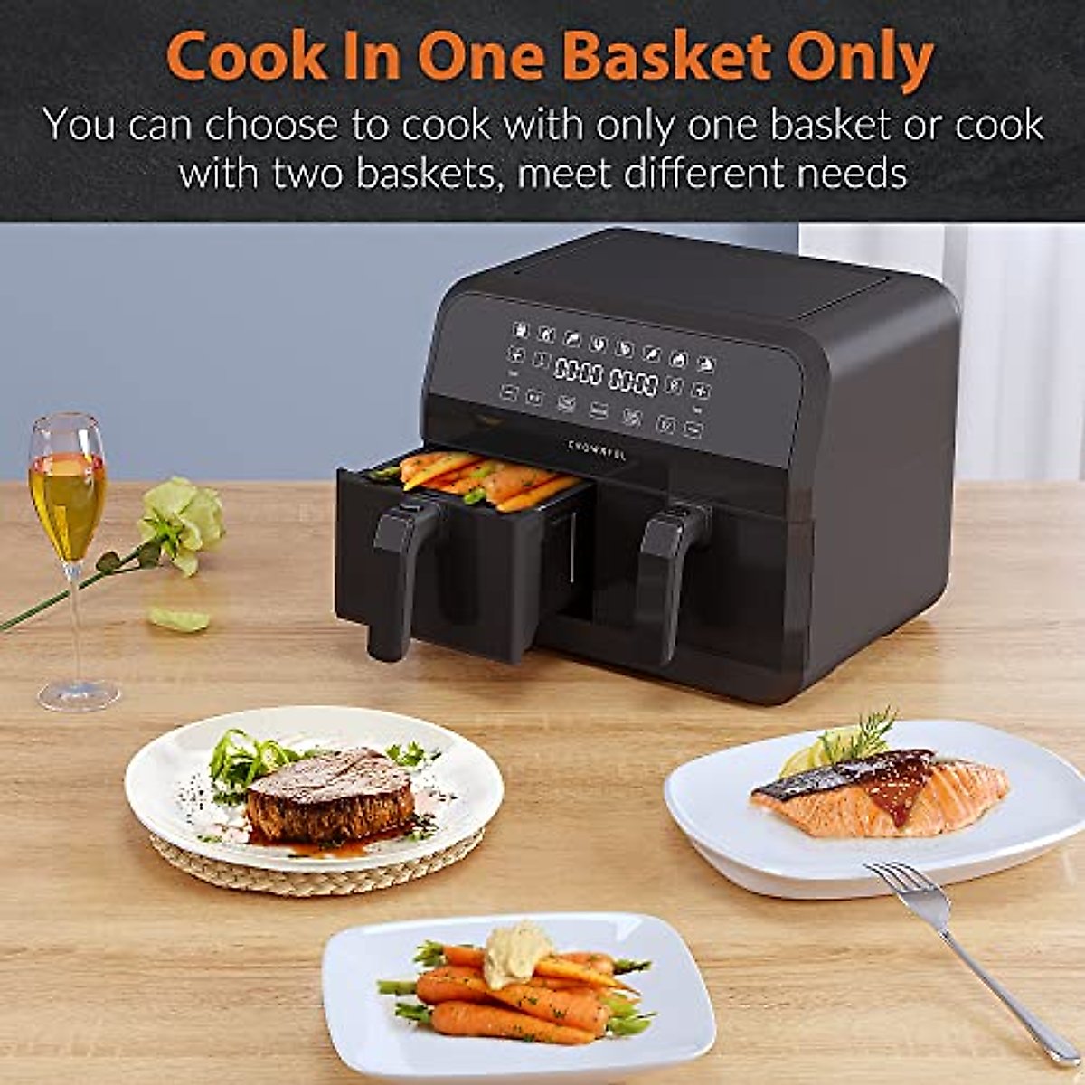 CROWNFUL 8 Quart 8 in 1 Dual Basket Air Fryer with Independent Temperature Control(50+ Recipes), Dual Cook, Sync Finish and Shake Reminder Function, Dehydrate, 1700W, Black