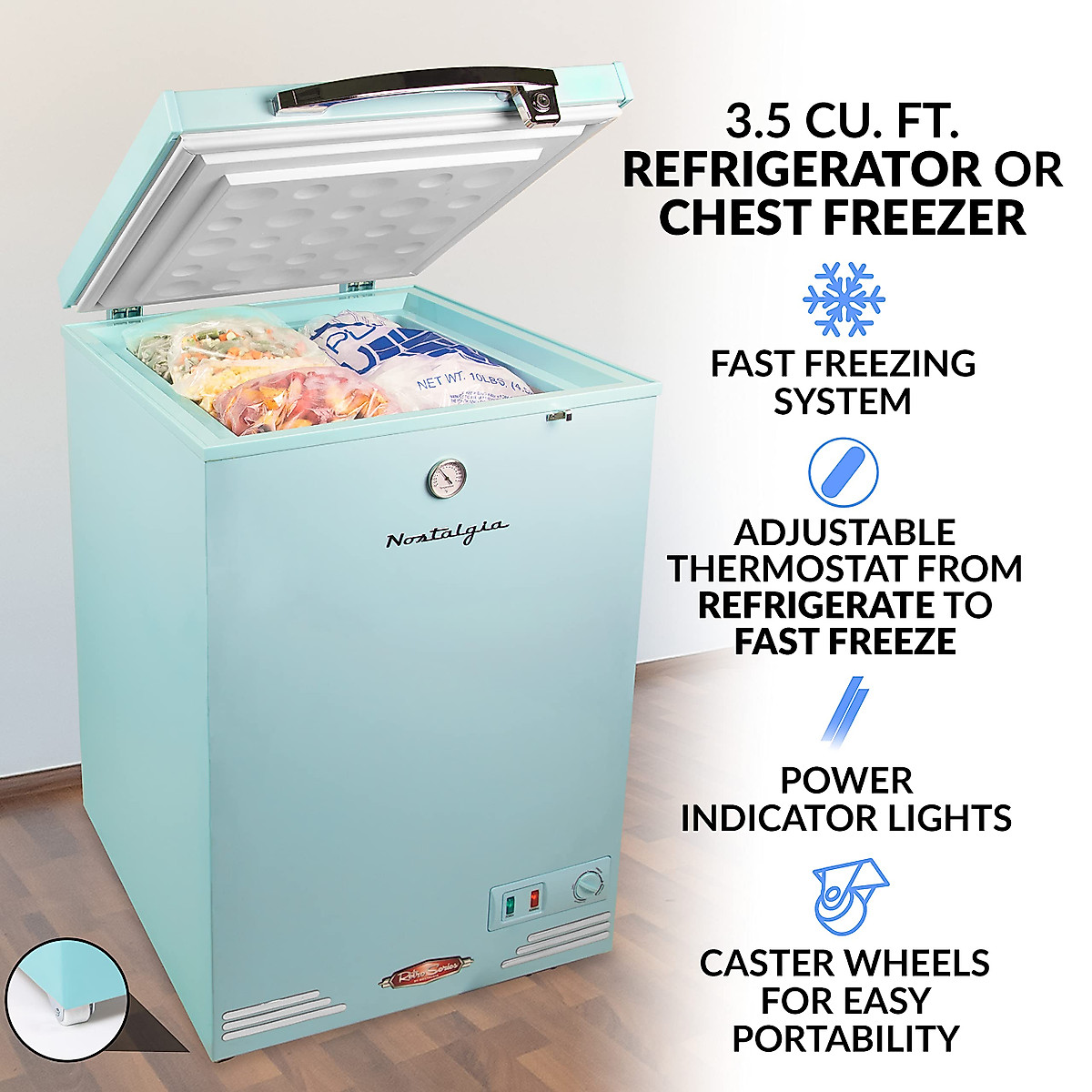 Nostalgia Classic Retro 3.5 Cu.Ft. Chest Freezer and Refrigerator All in One, Includes Rolling Wheels, Portable, Indoor/Outdoor, Lock and Keys, Removable Basket, Adjustable Temperature Dial with Gauge