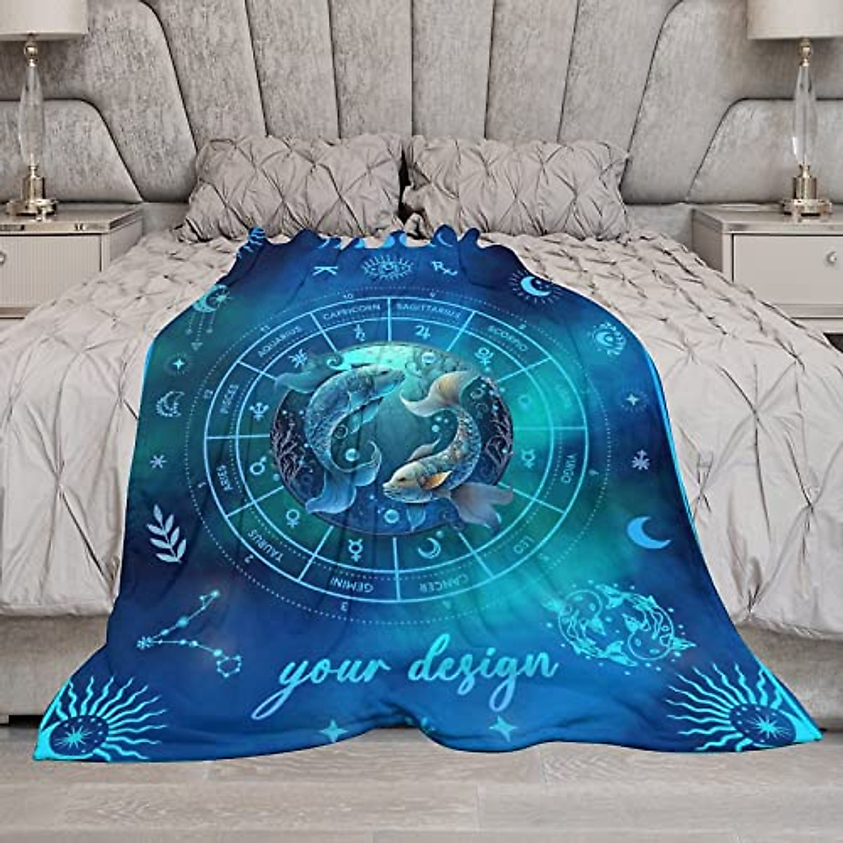 Custom Pisces Blanket Gifts, 50"x40" Rectangular Flannel Zodiac Throw Blanket Cozy, Personalized Blankets Gift for Boys Girls Teen Women Men Tarot Cards Lovers Birthday Anniversary Festival