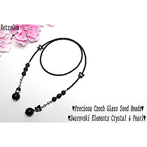 RetroGem Black Swarovski Elements Crystal Pearl with Black Glass Seed Beads Book Thong Bookmark (10" - Black)