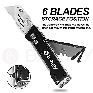 BIBURY Folding Utility Knife, Heavy Duty Box Cutter Pocket Carpet Knife, Blade Storage in Handle with 15 Extra SK5 Blades Included, Belt Clip and Safe-Locking Design