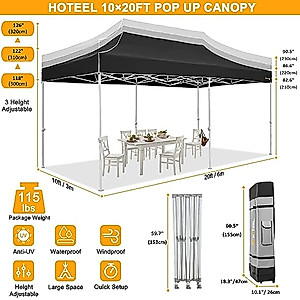 HOTEEL Tents for Parties, 10x20 Pop Up Canopy Tent Heavy Duty, Commercial Outdoor Canopy Tents for Event Wedding, All Season Wind UV 50+&Waterproof Gazebo with Roller Bag, Thickened Legs, Black