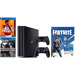 2019 Playstation 4 PS4 Pro 1TB Console + Two Dualshock-4 Wireless Controllers + (Call of Duty: Modern Warfare, Madden NFL 20, Fortnite) Bundle