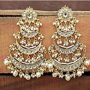 I Jewels Gold Plated Indian Wedding Bollywood Stunning Antique Finish Chandbali Kundan & Pearl Earrings for Women (E2859)